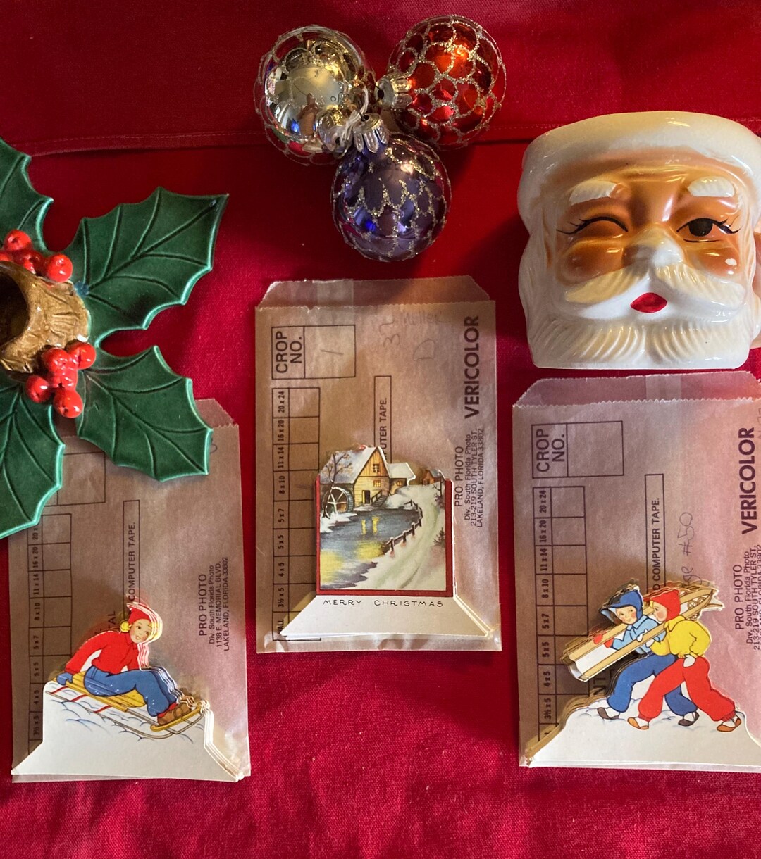 Vintage Ephemera Place Cards Snow Mill House Girl Sledding Couple ...