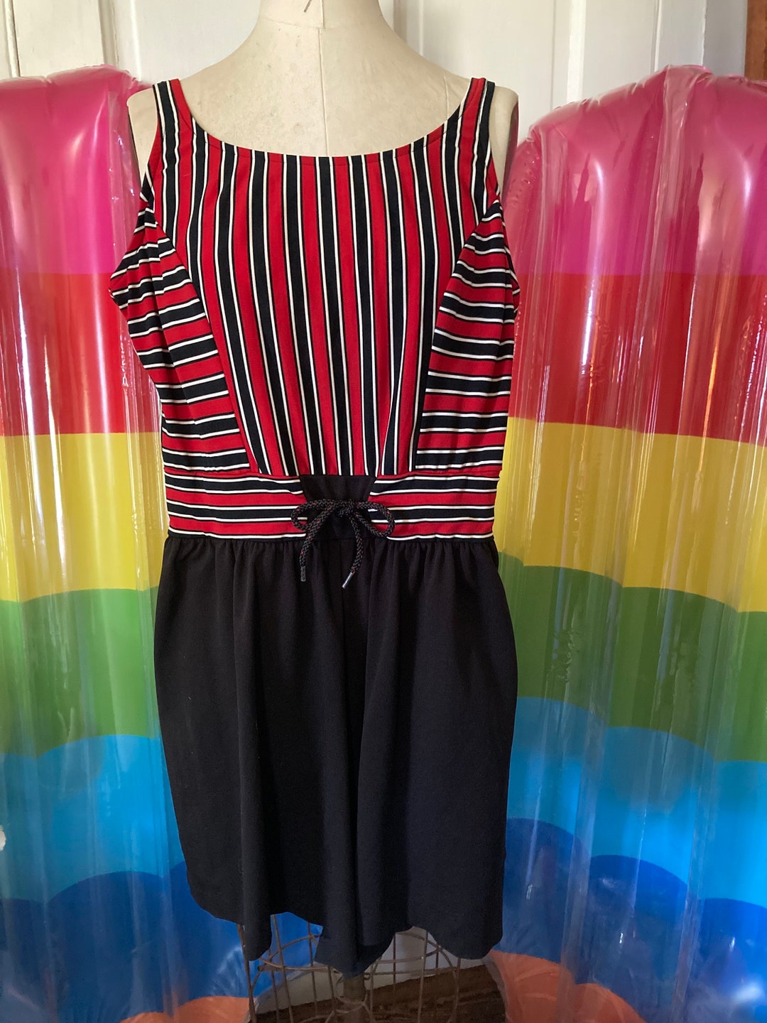 Vintage Swimsuit One Piece Jantzen Stripes Red Black Skirted Bottom ...