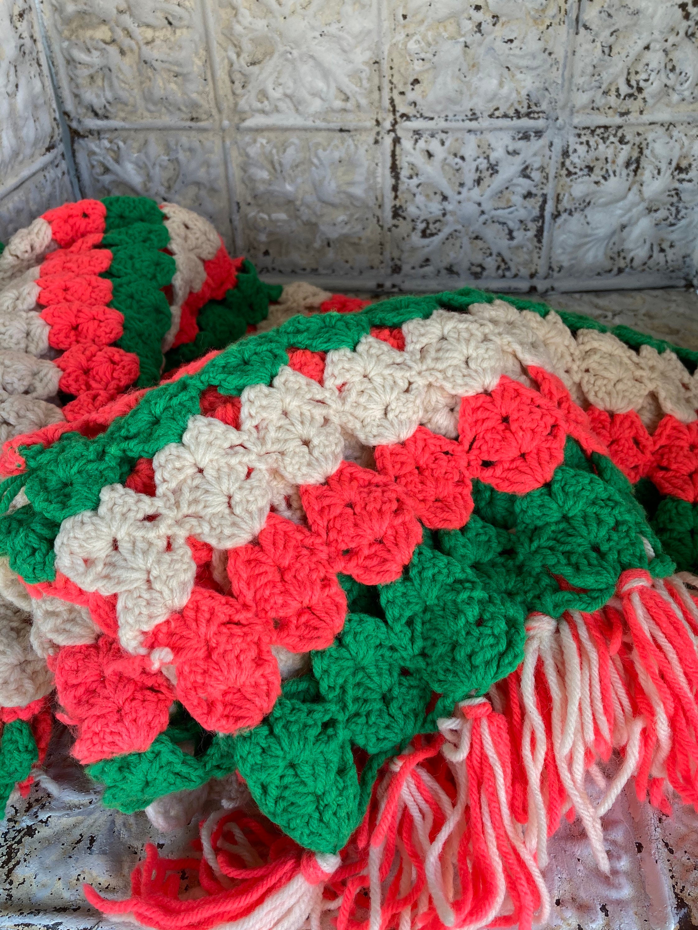 Afghan Crocheted Neon Pink Kelly Green Cream off White Long | Etsy