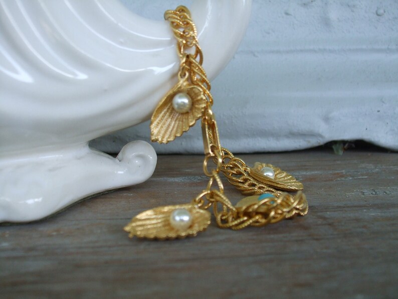 Beach Bracelet Gold Seashells Pearls Turquoise 1970s Spain - Etsy