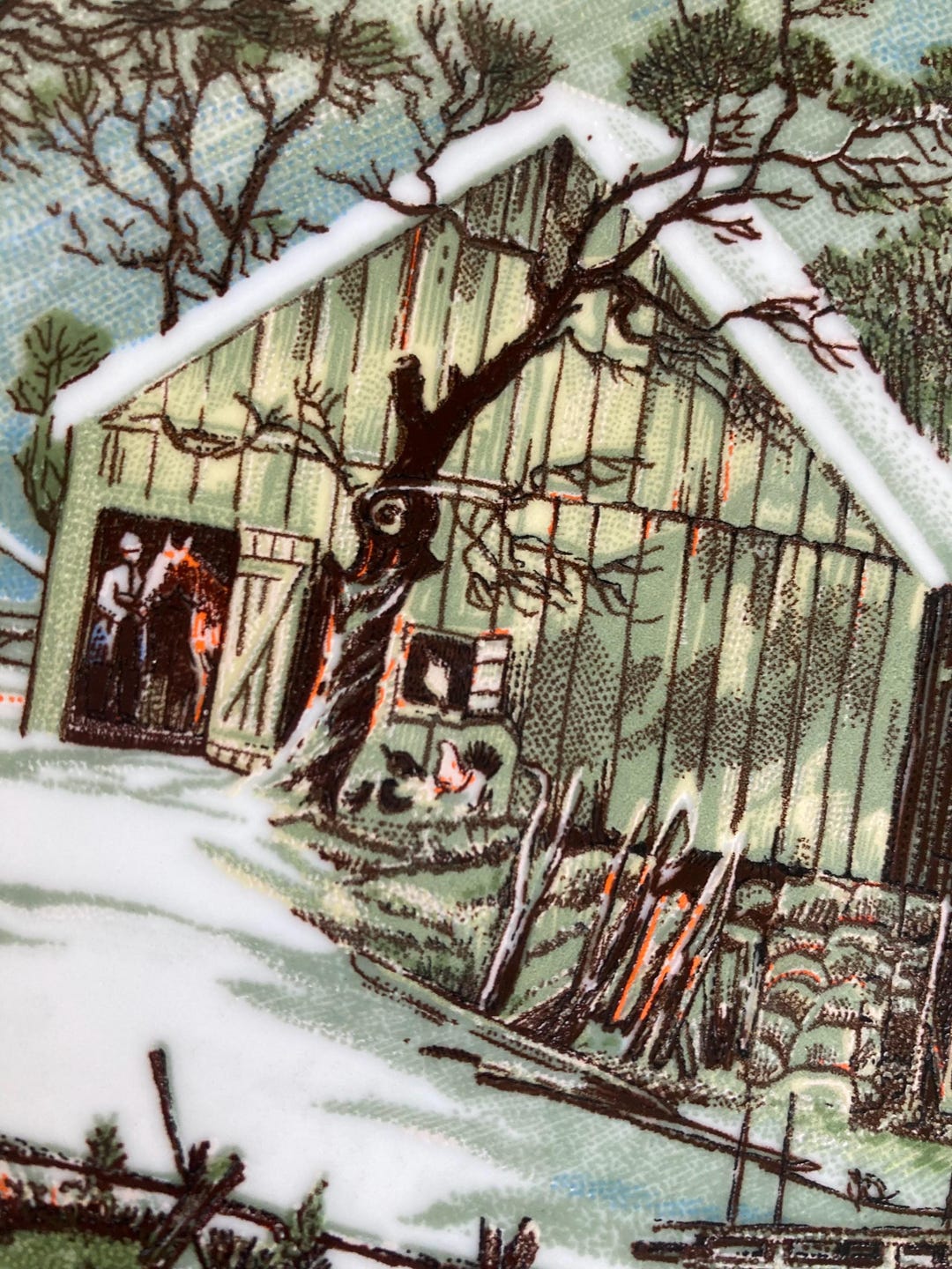 Vintage Plate the Old Homestead in Winter Cow Horse Barn Sleigh Snow ...
