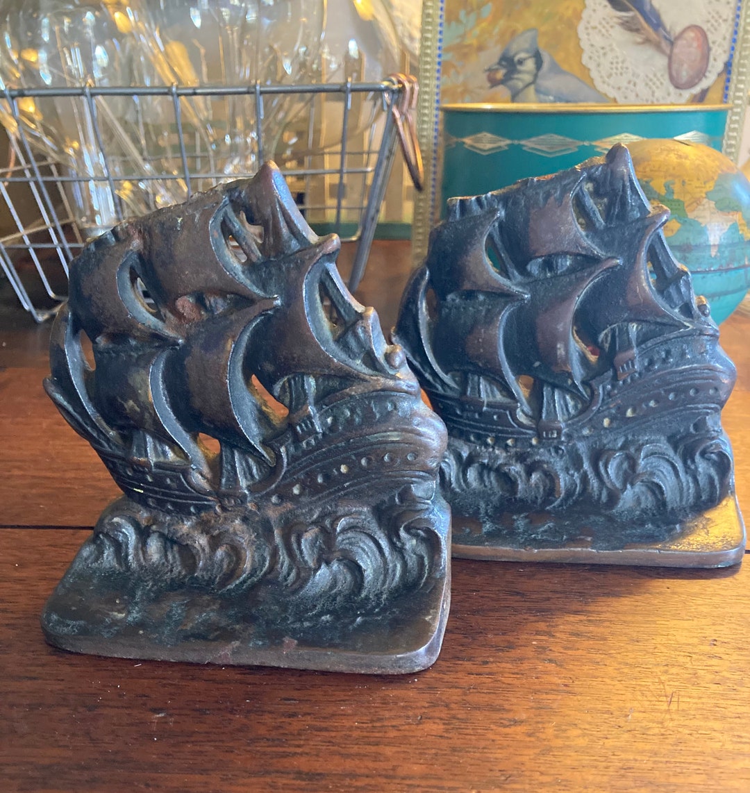 Bookends Sailing Ship Cast Metal Spanish Galleon Bookcase Library ...
