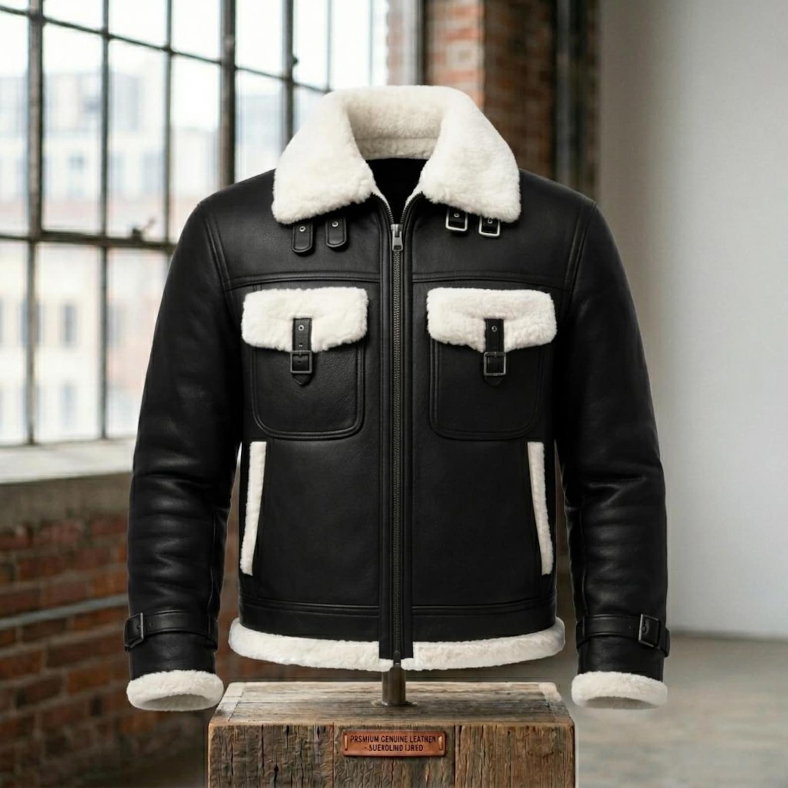 Black Leather Bomber Jacket Men, White Fur Shearling Aviator Coat ...