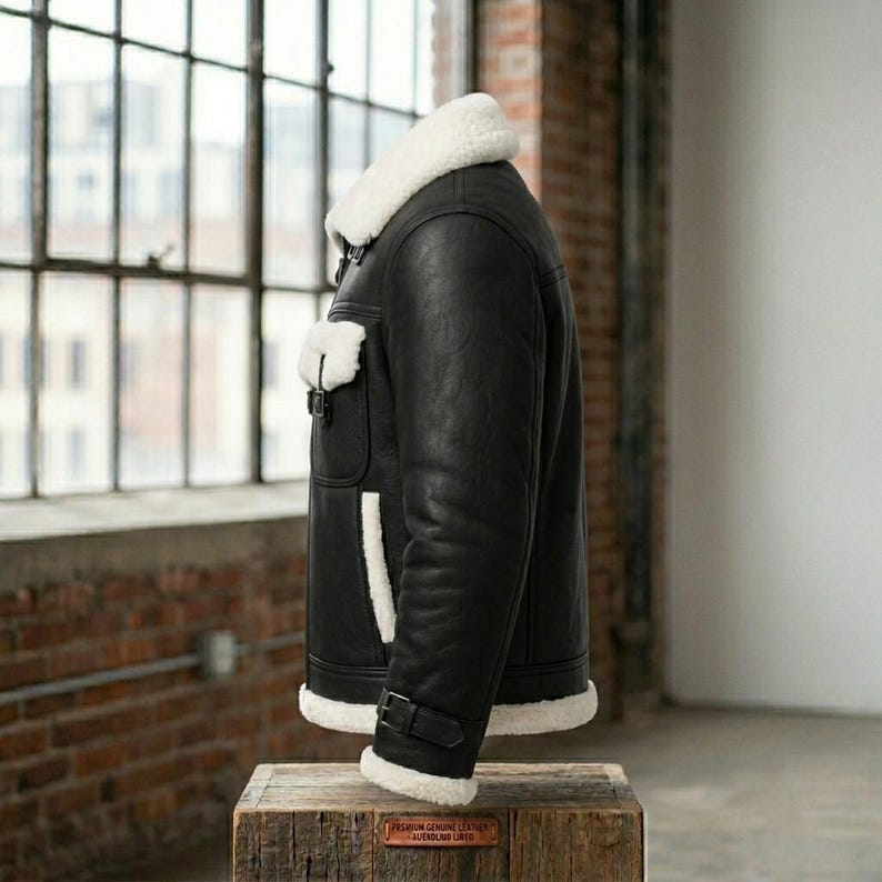 Black Leather Bomber Jacket Men, White Fur Shearling Aviator Coat ...