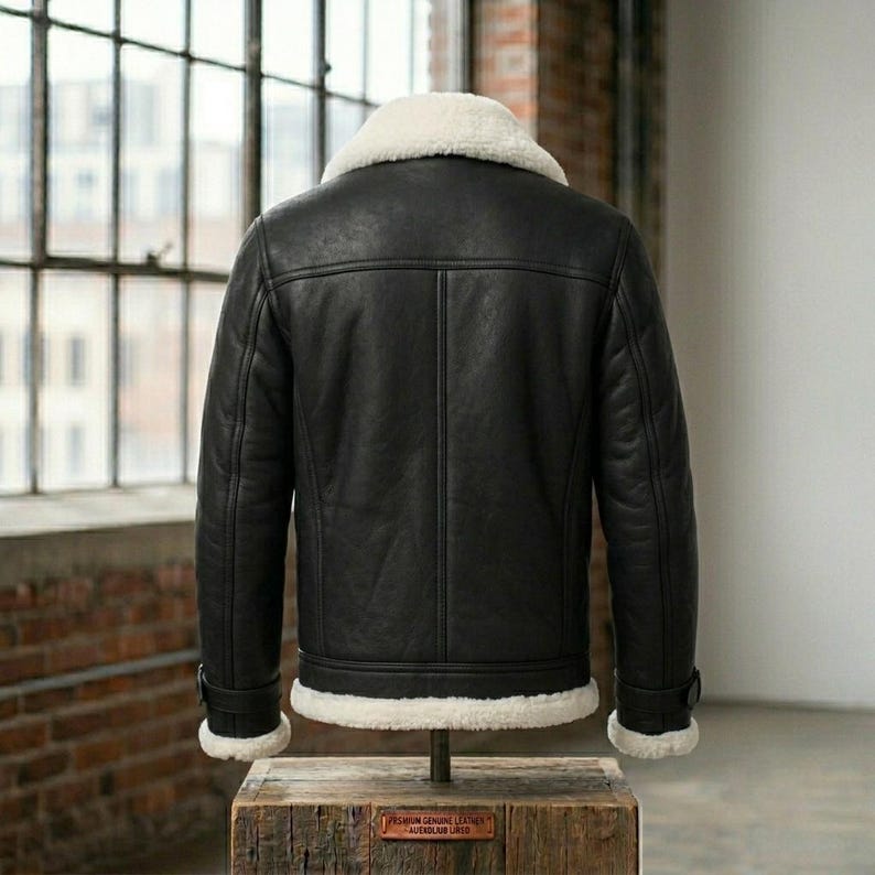Black Leather Bomber Jacket Men, White Fur Shearling Aviator Coat ...