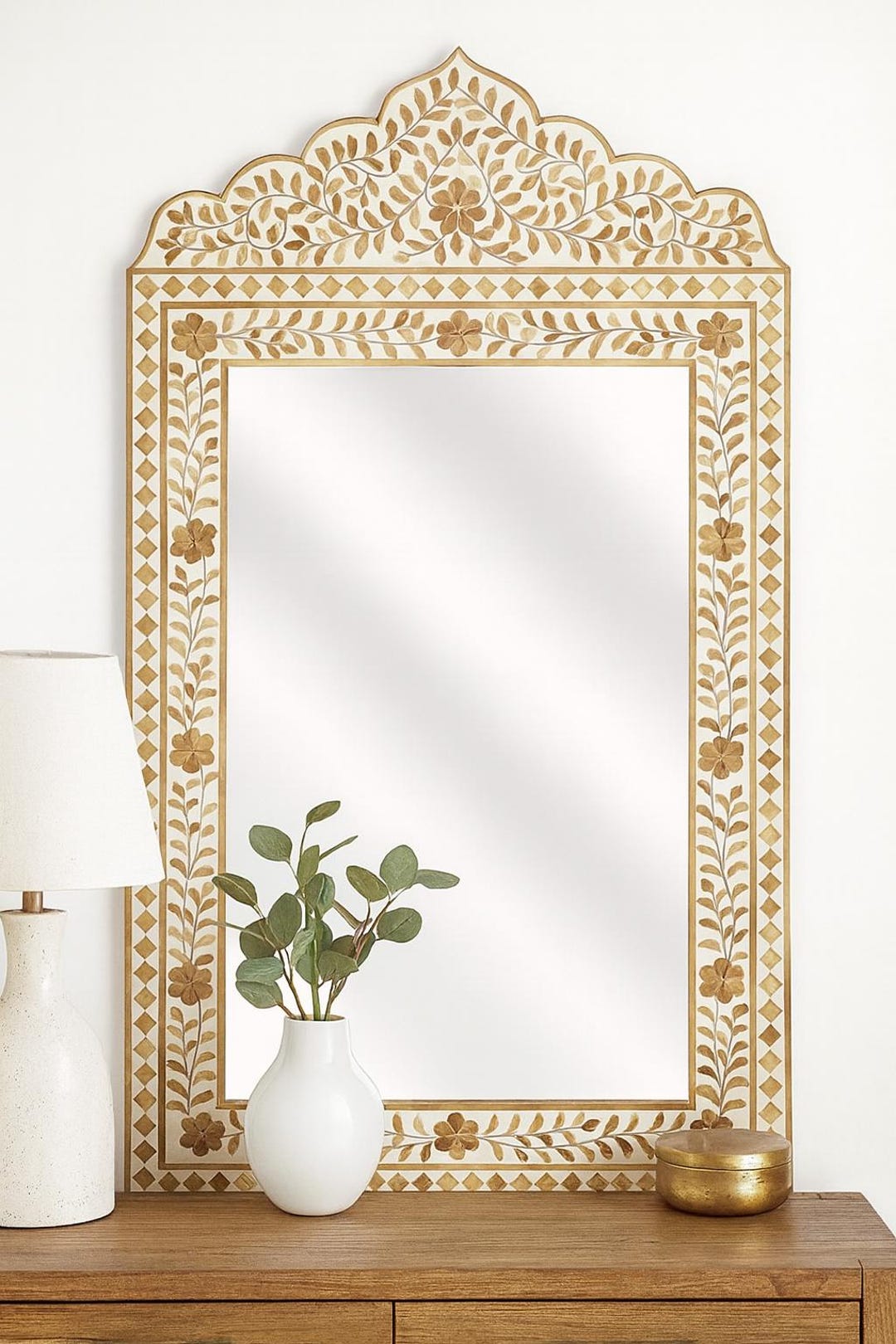 Handmade Teak Wood Inlay Mirror – Bone Inlay -white Floral Wall Mirror ...