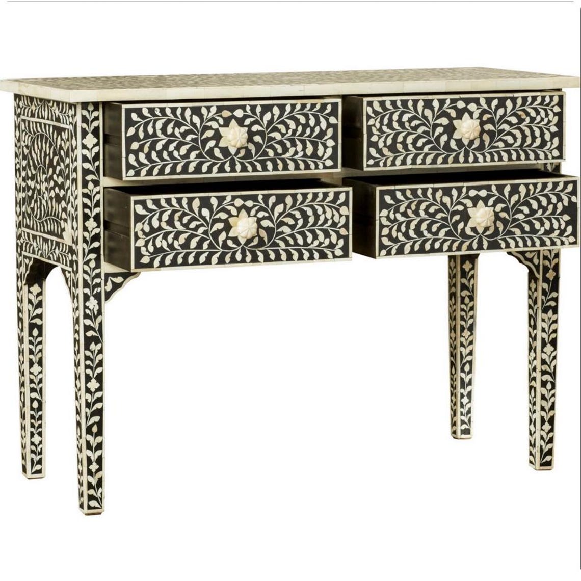 Handmade Black Bone Inlay Console Table | 4 Drawer Floral Entryway ...