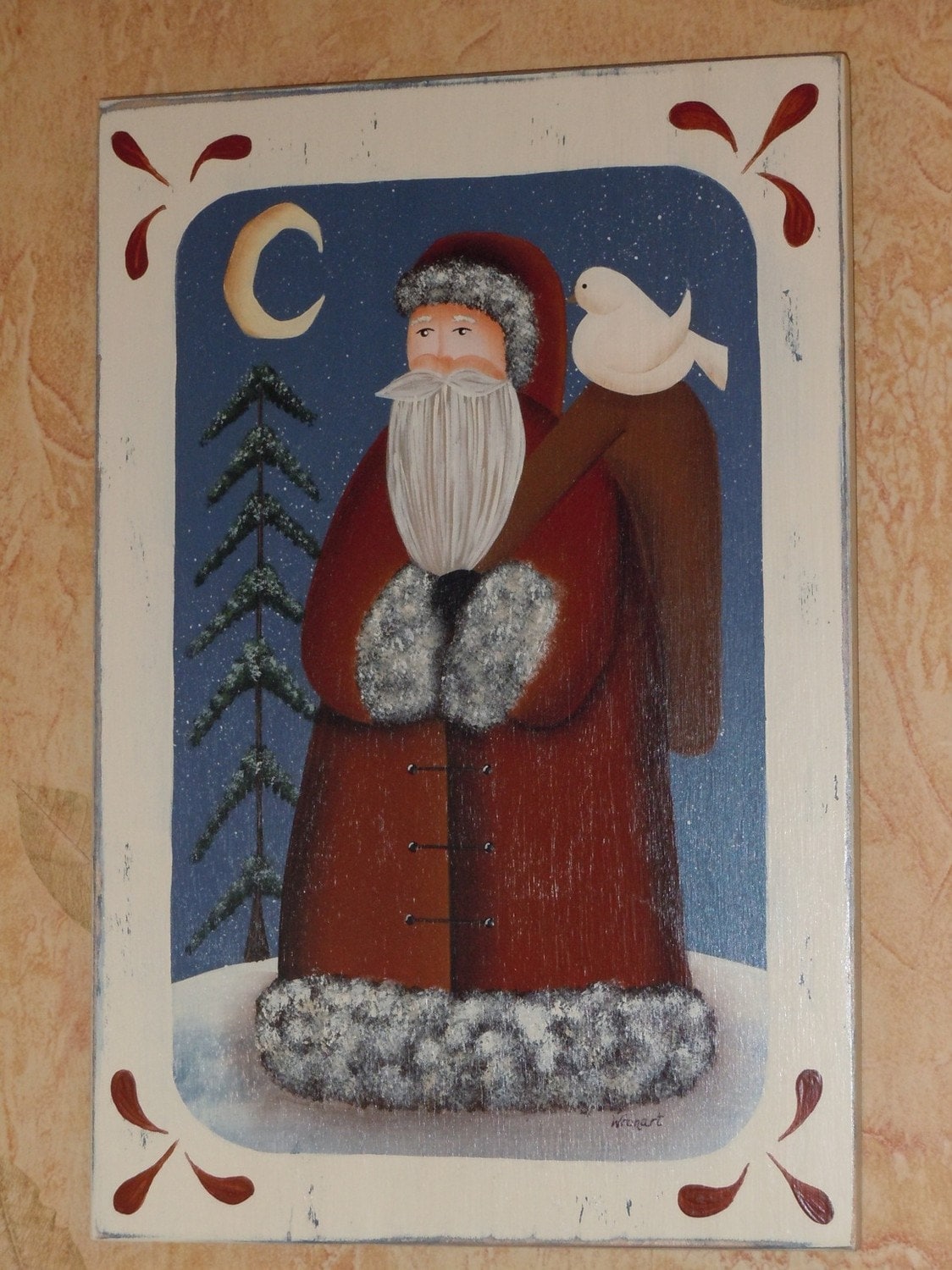 Hand Painted Primitive Folk Art Santa with Dove Tree Moon | Etsy
