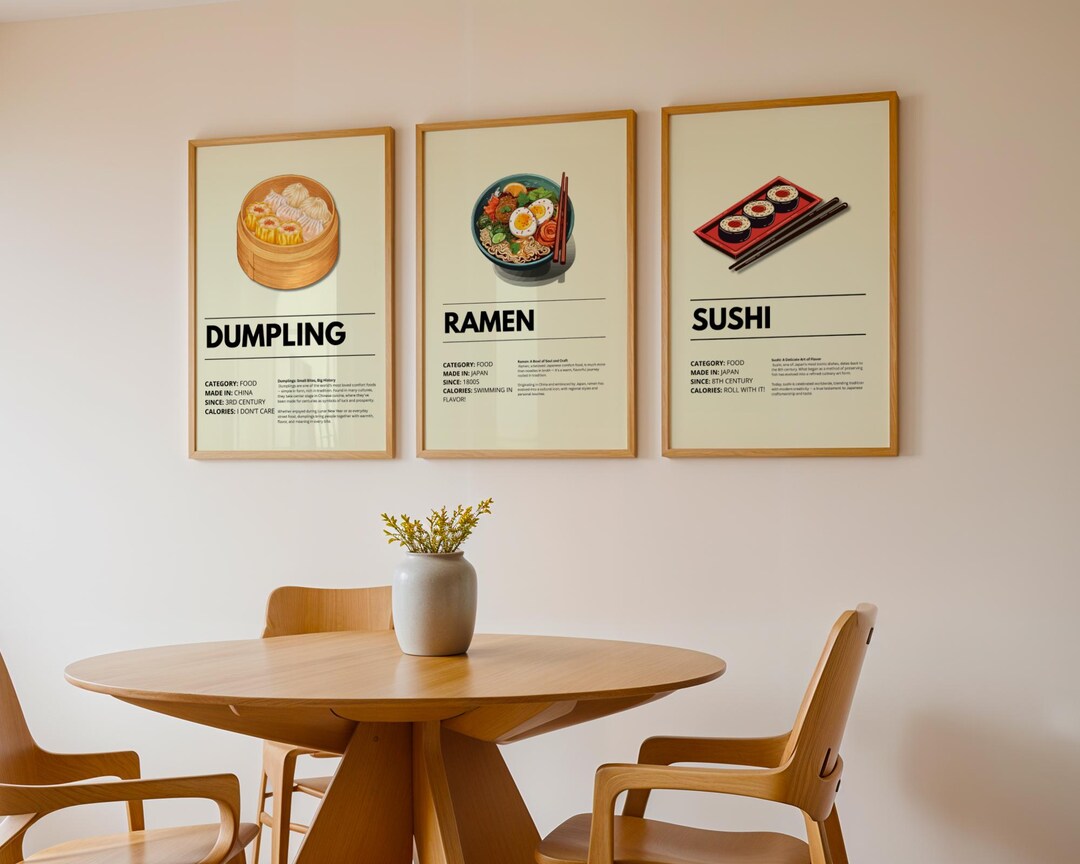 Japanese Food Wall Art Set of 3 | Sushi, Ramen & Dumplings | Minimalist ...