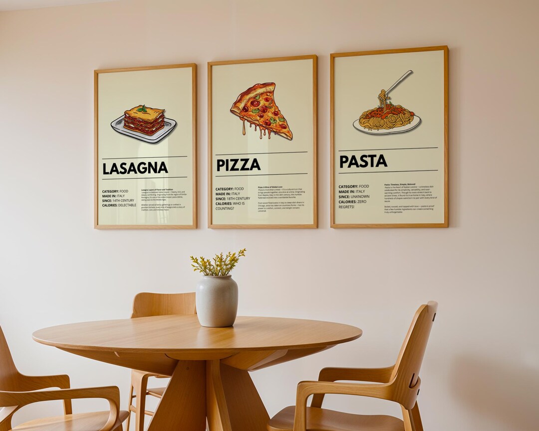 Italian Food Wall Art Set of 3 | Pizza, Pasta & Lasagna | Kitchen Decor ...