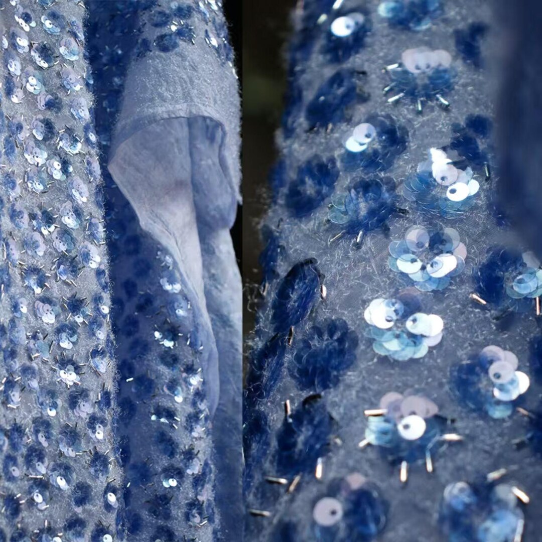 Blue Danube Plush Beadwork Fabric - Luxury Embroidered Velvet for Gowns ...