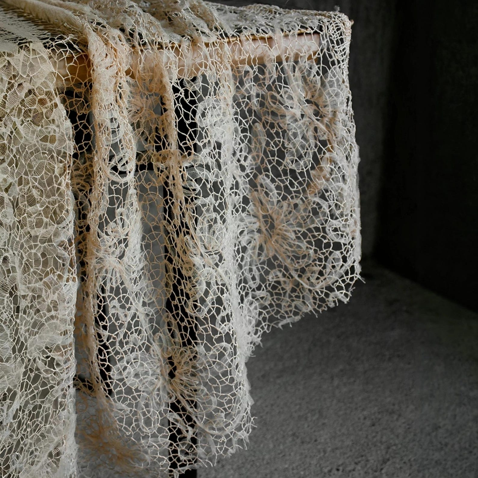 Textured Beige Embroidered Mesh - Original Openwork Sheer Fabric for ...