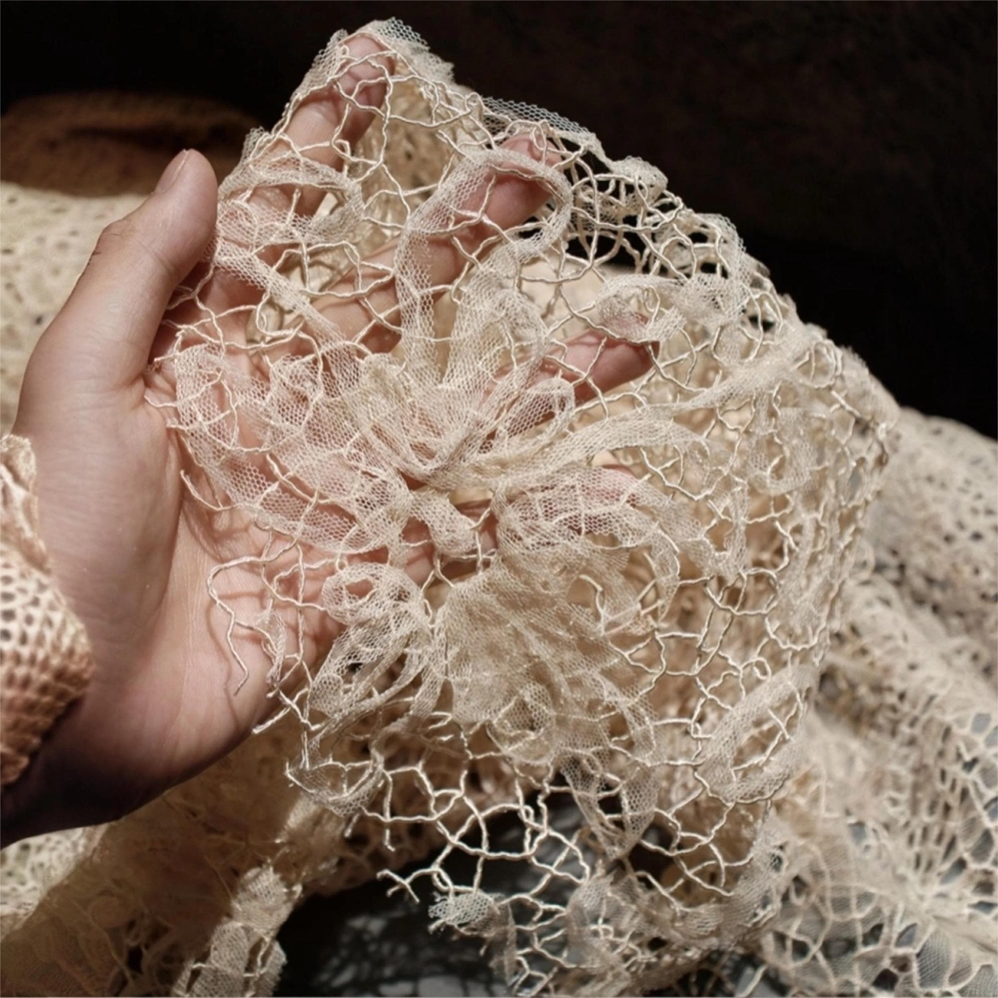 Textured Beige Embroidered Mesh - Original Openwork Sheer Fabric for ...