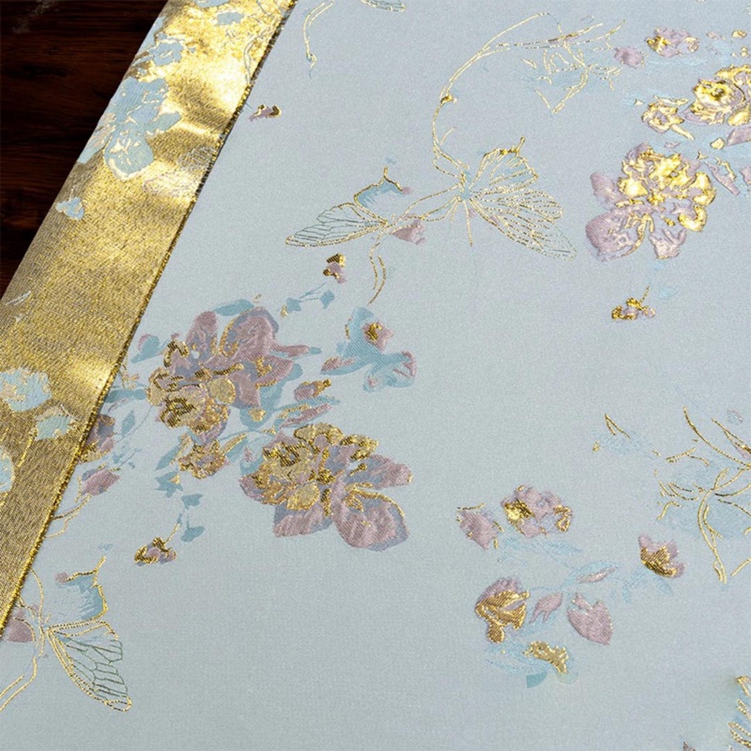 Light Blue Brocade Fabric - Gold Embossed Butterfly Jacquard, Chinese ...