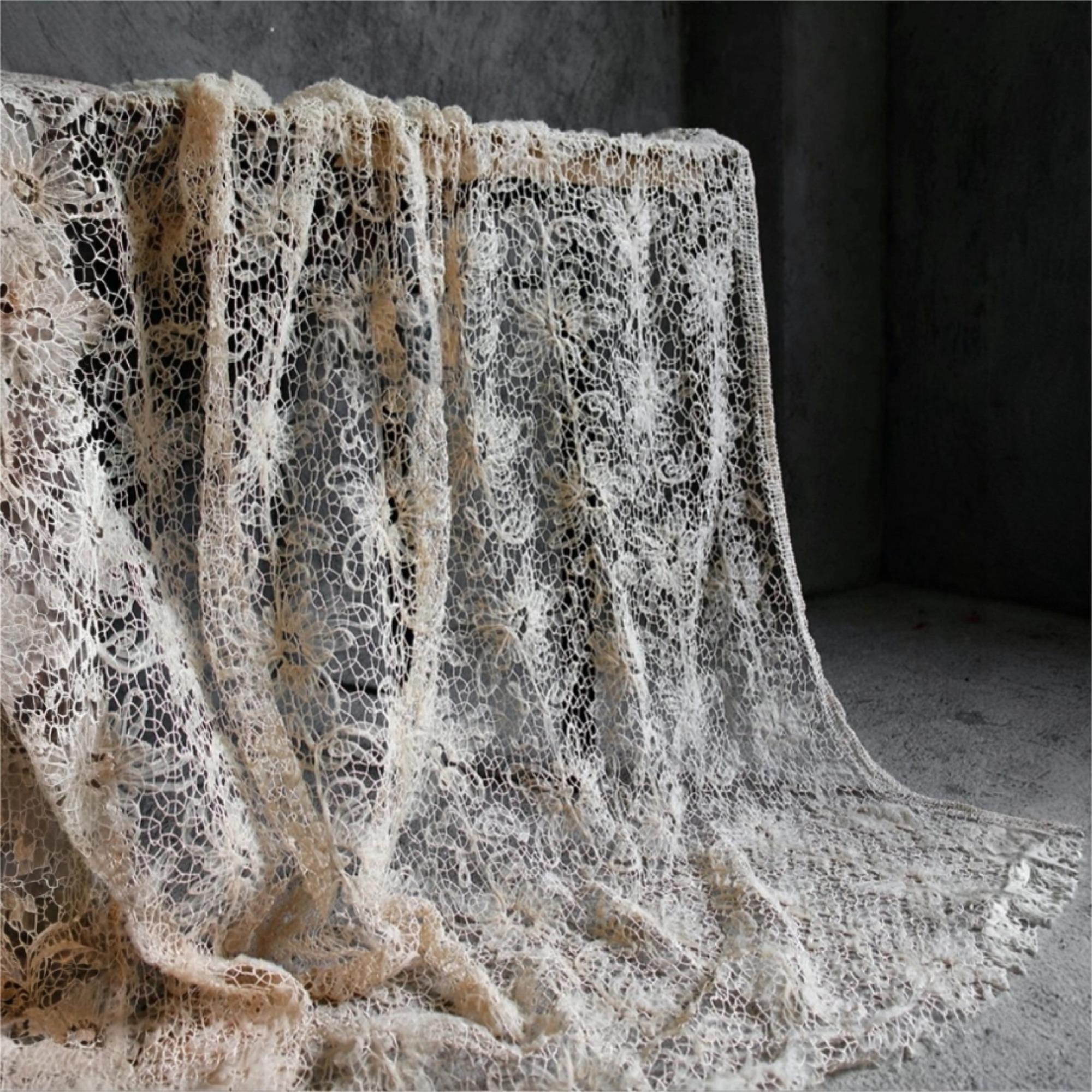 Textured Beige Embroidered Mesh - Original Openwork Sheer Fabric for ...