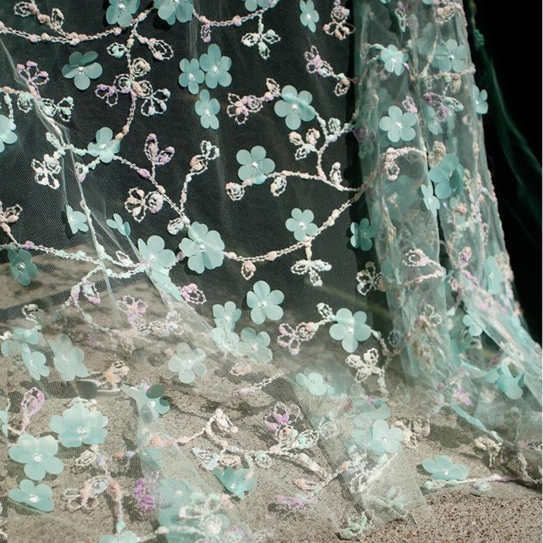 Blue Floral Embroidered Tulle, 3D Wool Flowers, Stage Costume Fabric - Etsy