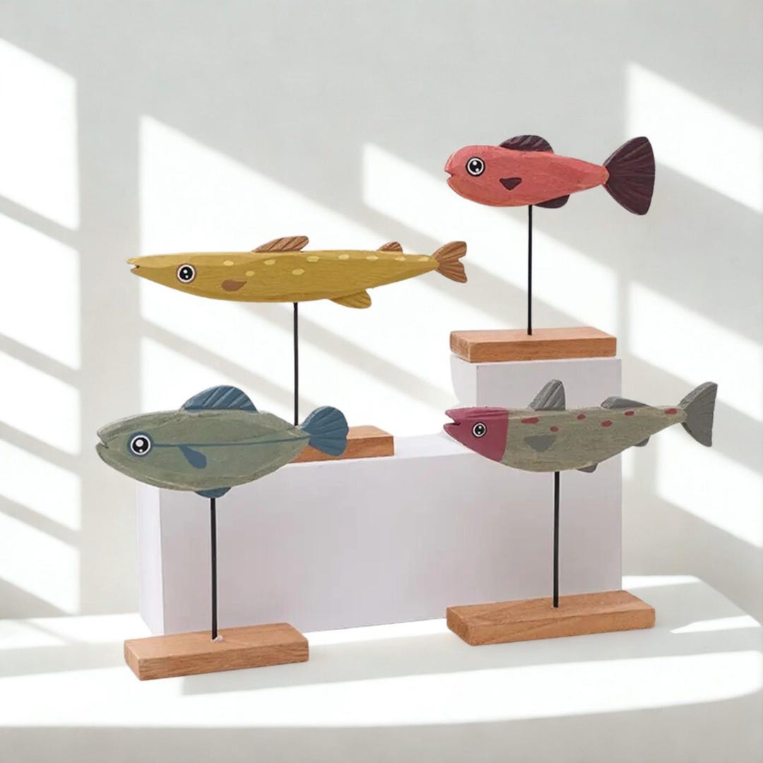 Colorful Wooden Fish Decor Mediterranean Coastal Nautical Sculpture ...