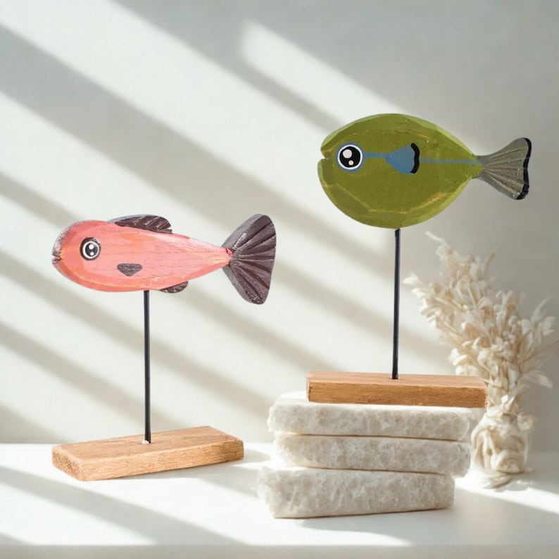 Colorful Wooden Fish Decor Mediterranean Coastal Nautical Sculpture ...