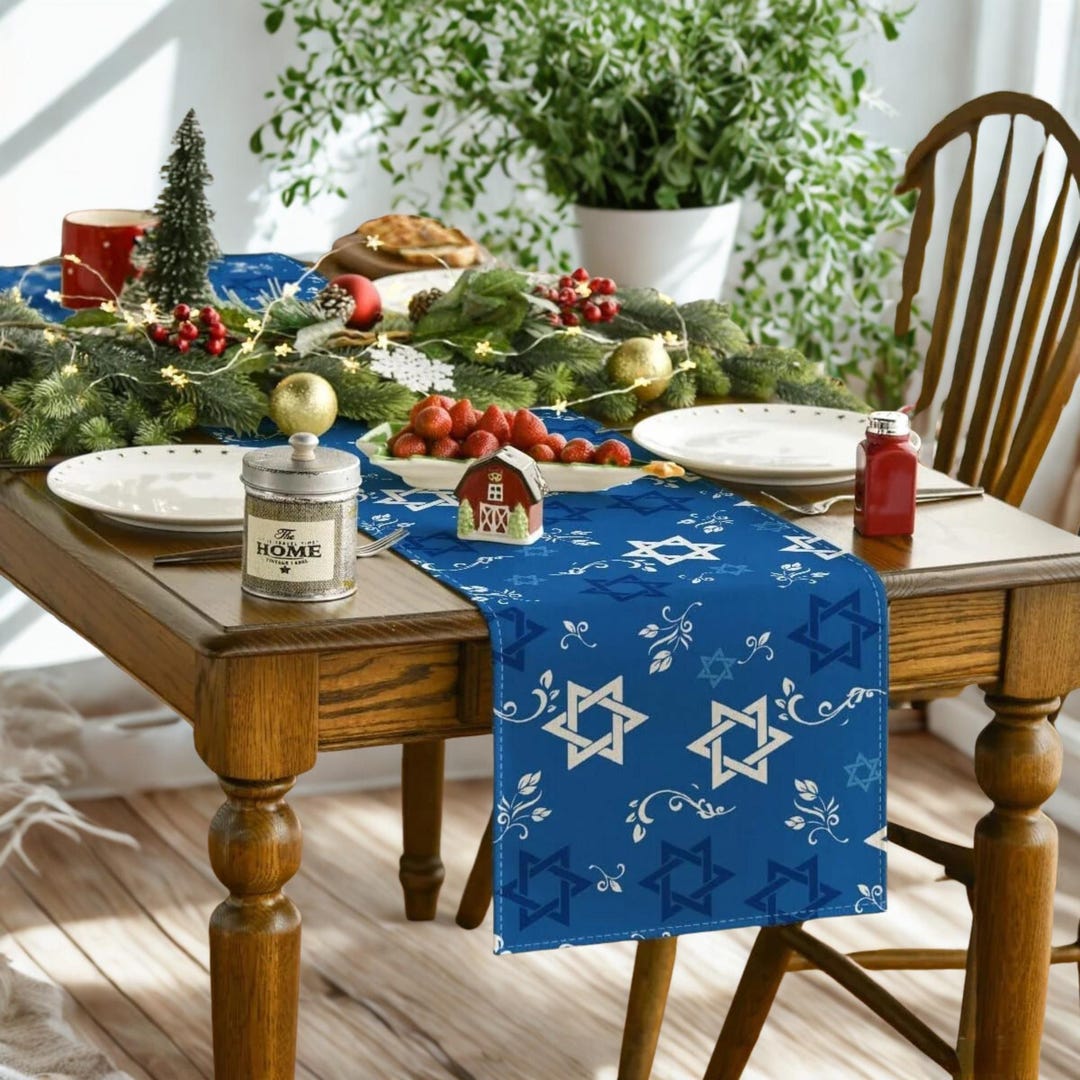 Blue Hexagram Jewish Table Runner Star of David Linen Table Decor for ...