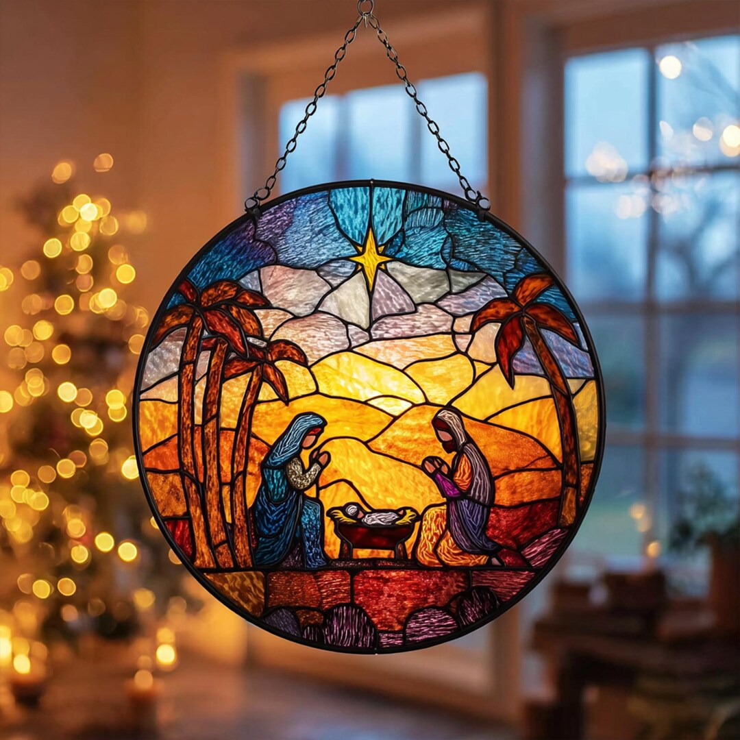 Nativity Scene Stained Glass Suncatcher, Holy Family Nativity Window ...