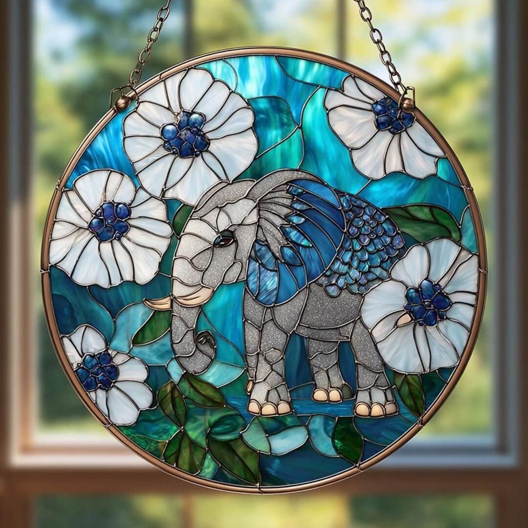 Floral Elephant Glass Suncatcher, Stained Glass Round Wildlife Window ...