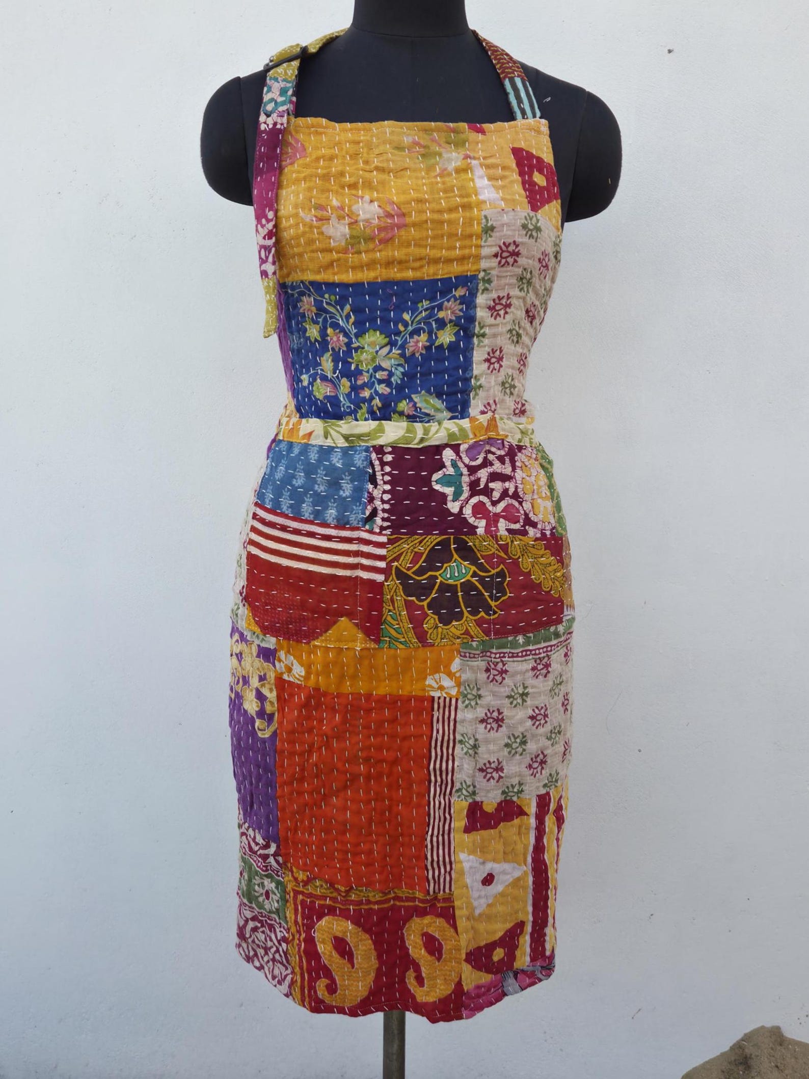 Patchwork Kantha Upcycled Cotton Apron | Colorful Boho Kitchen Wear ...