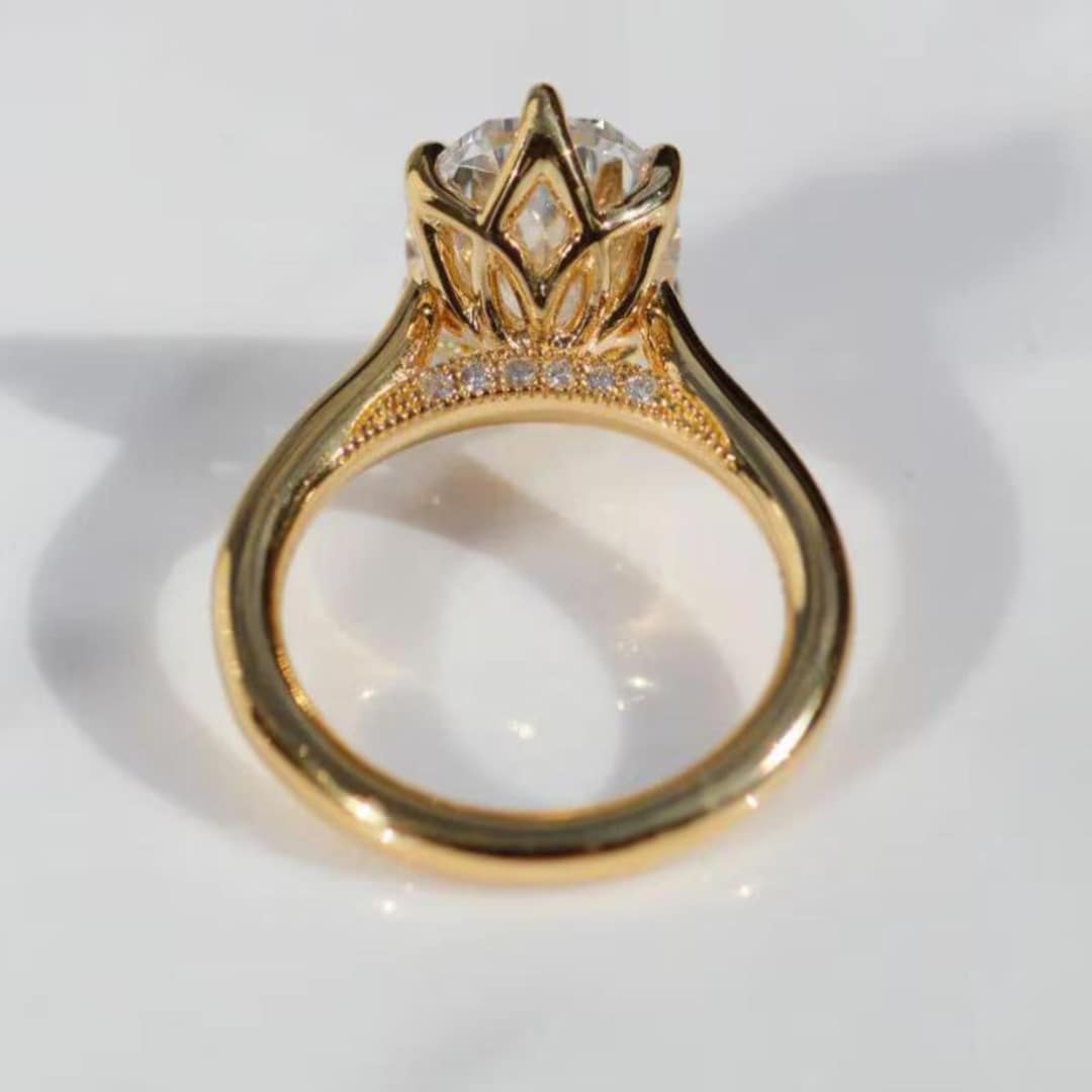 Vintage Tulip Setting Engagement Ring, 3ct Oval Cut Moissanite Engagement Ring 14k Yellow Gold ...