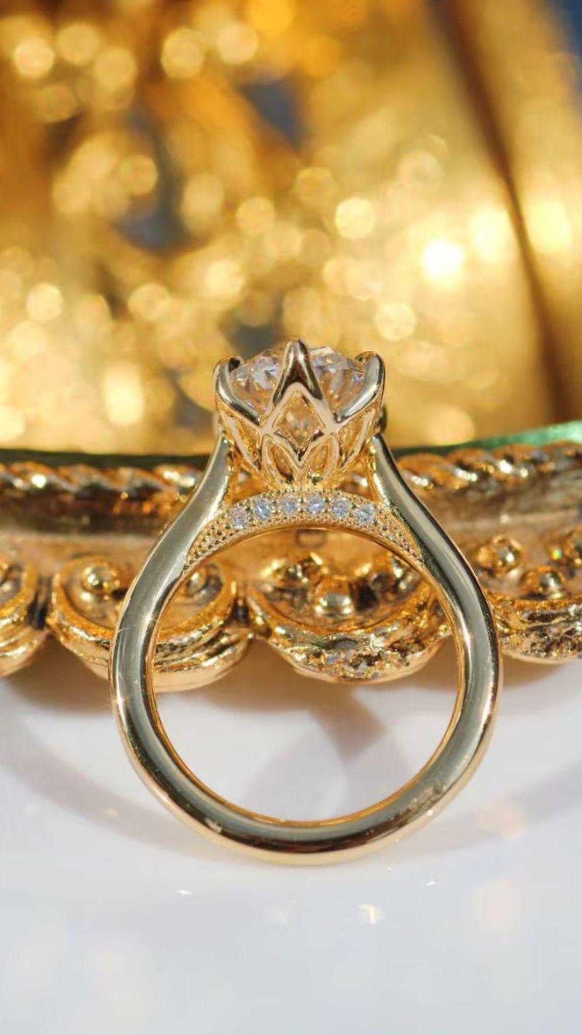 Vintage Tulip Setting Engagement Ring, 3ct Oval Cut Moissanite Engagement Ring 14k Yellow Gold ...