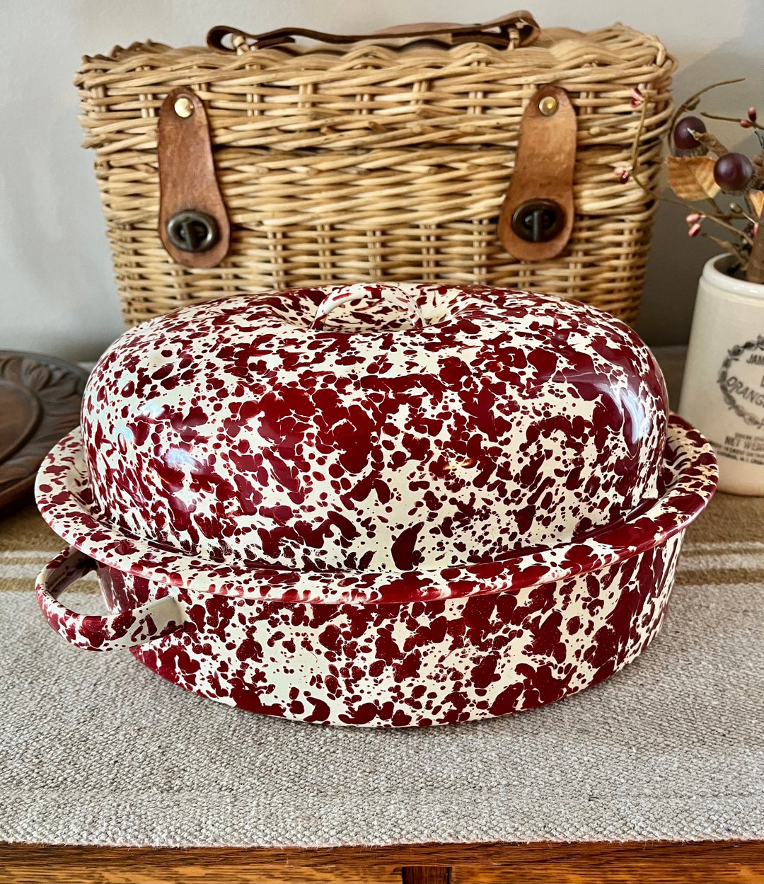 Small 11 Inch Enamel Red White Spatterware Roaster Graniteware Roasting ...