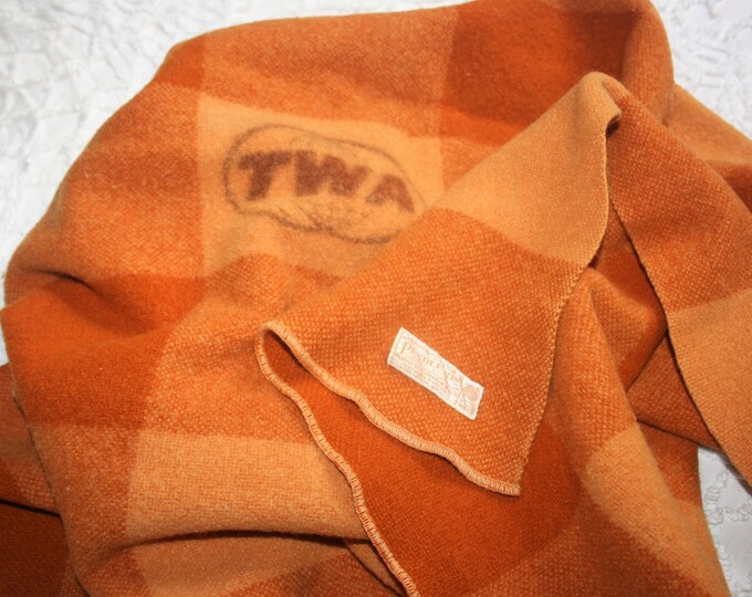 Vintage TWA Pendleton Wool Plaid Throw Airline Blanket Orange Plaid Mid ...