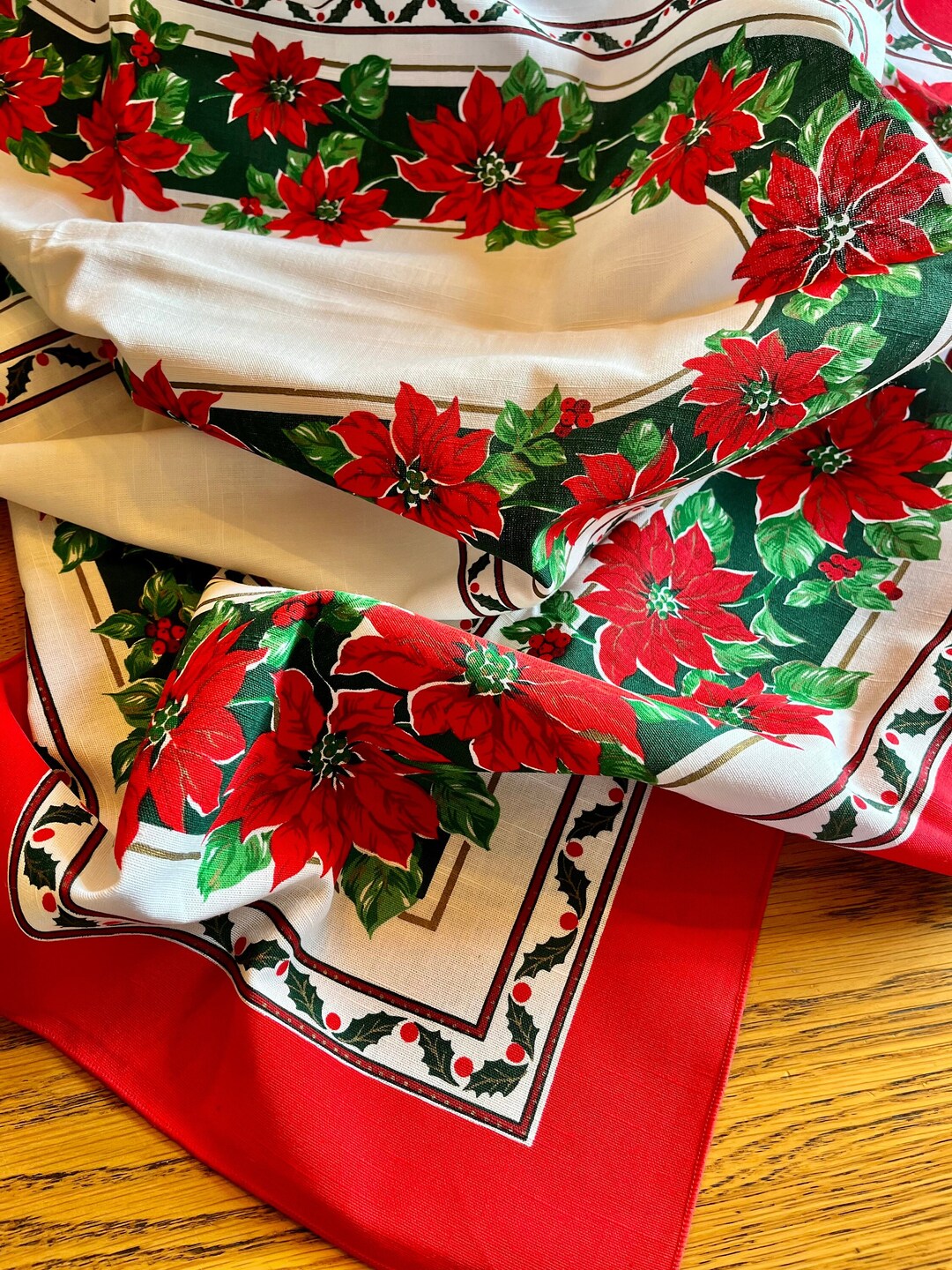 Vintage Sunweave Linen Christmas Tablecloth Poinsettias Holly Red Green ...