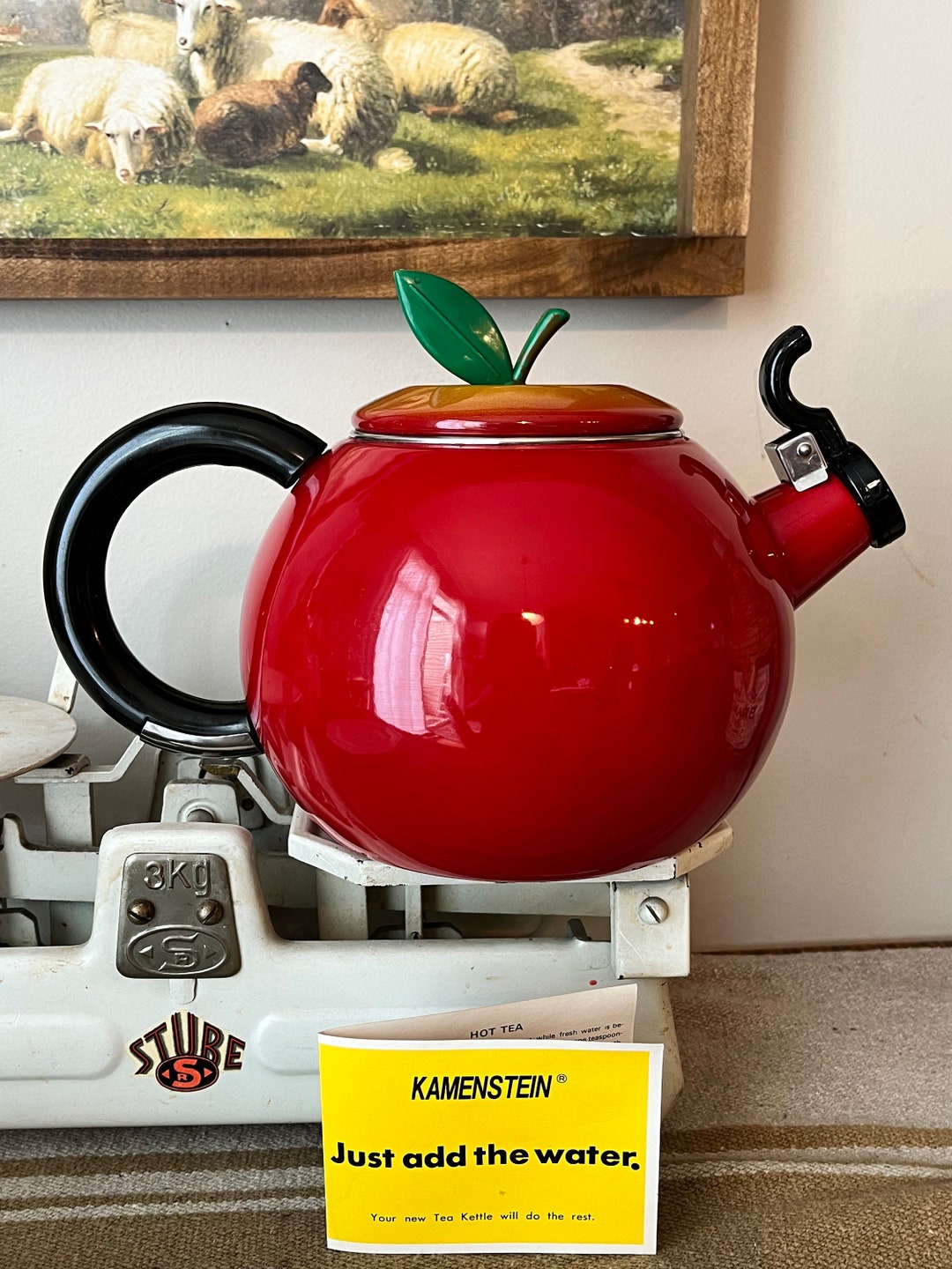 Vintage Enamel Red Delicious Apple Whistling Tea Kettle Kamenstein Inc ...