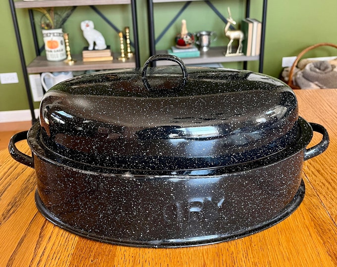 Savory Junior Roaster Vintage Enamel Graniteware Roasting Pan Navy Blue Speckled - Etsy