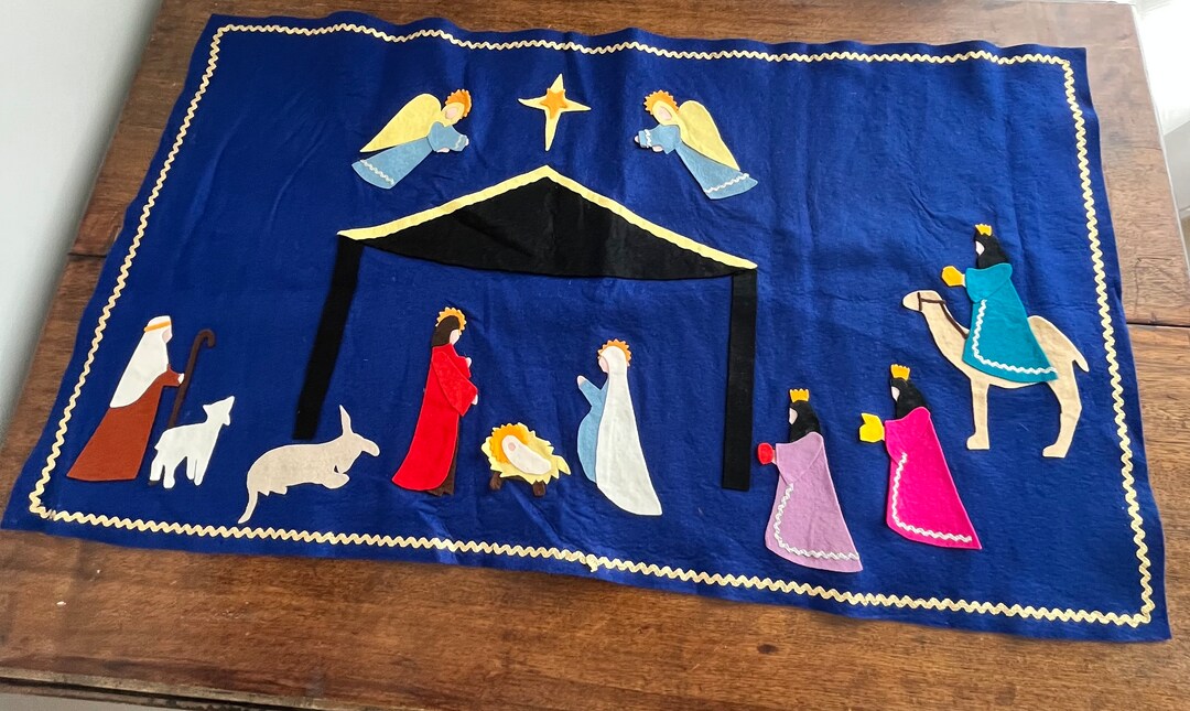 Vintage Felt Nativity Scene Banner Table Runner Christmas Wall Hanging ...