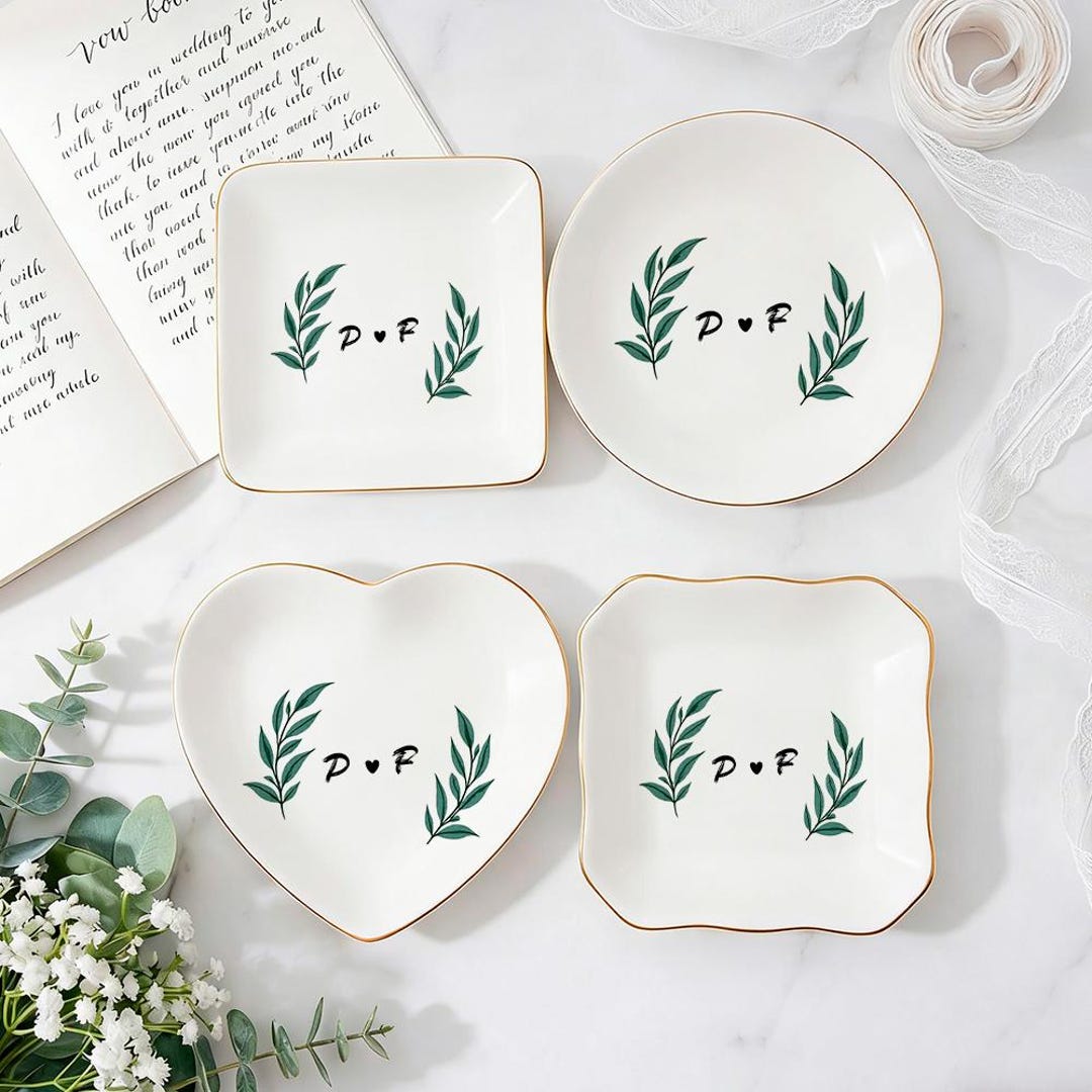 Personalized Leaf Monogram Jewelry Dishes Set (heart, Round & Square ...