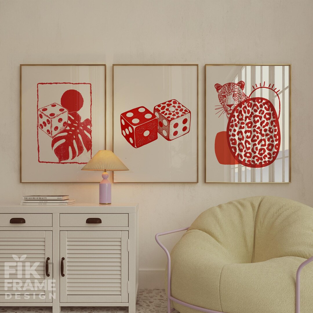 Red Leopard Dice Wall Art Set of 3, Modern Casino Gallery Wall, Bold ...