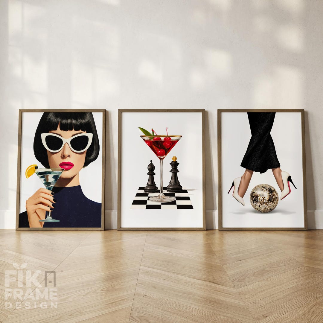 Glam Martini Wall Art Set of 3, Editorial Fashion Prints, Woman With ...