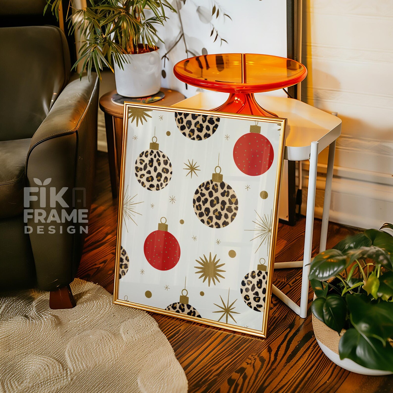 Leopard Christmas Ornament Pattern Wall Art ,red & Gold Holiday Print ...