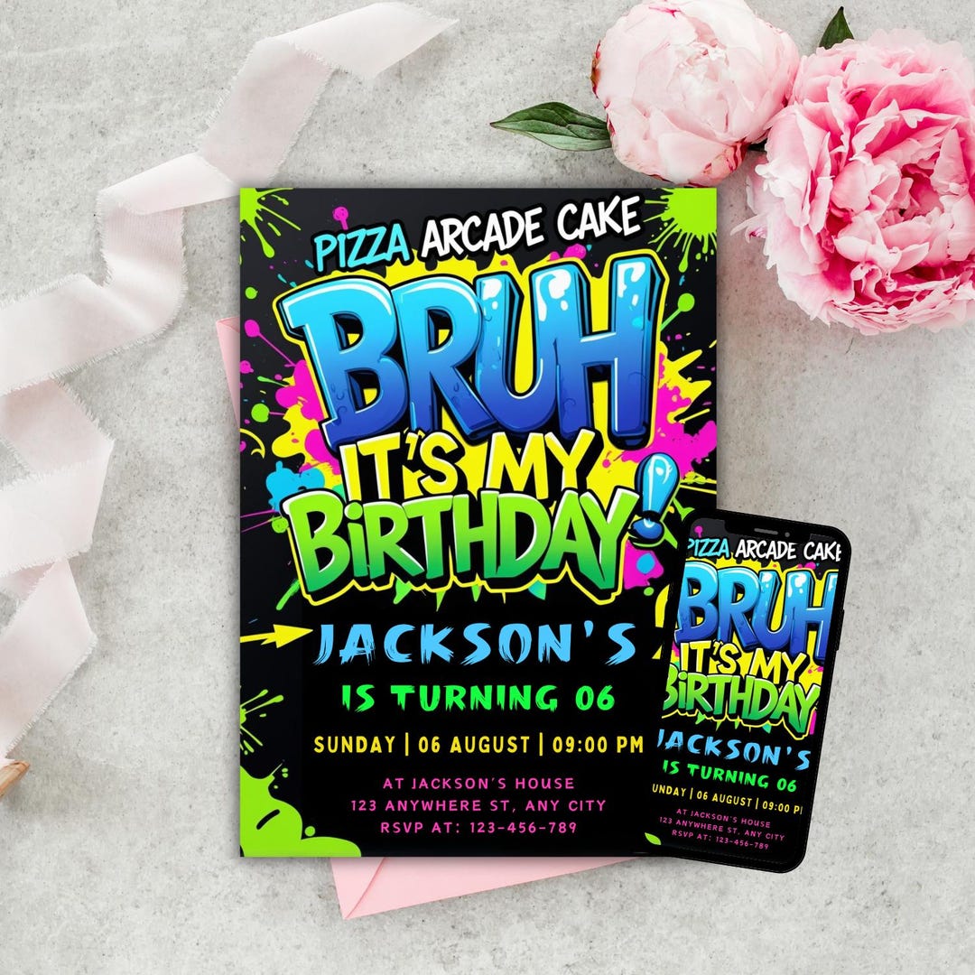 Bruh Birthday Invitation, Neon Graffiti, Editable Template (instant ...