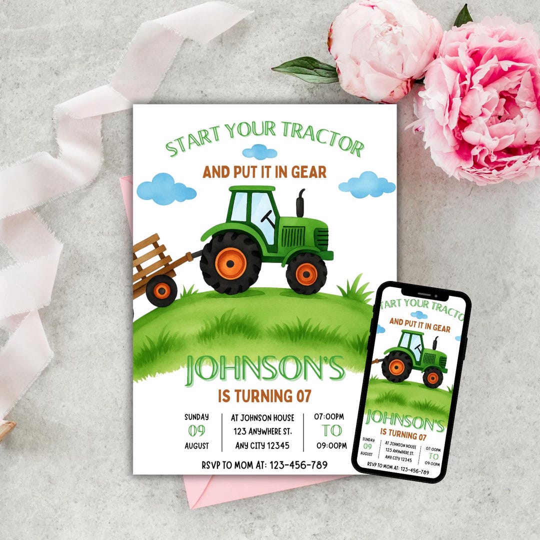 Editable Green Tractor Birthday Invitation, Farm Party (instant ...
