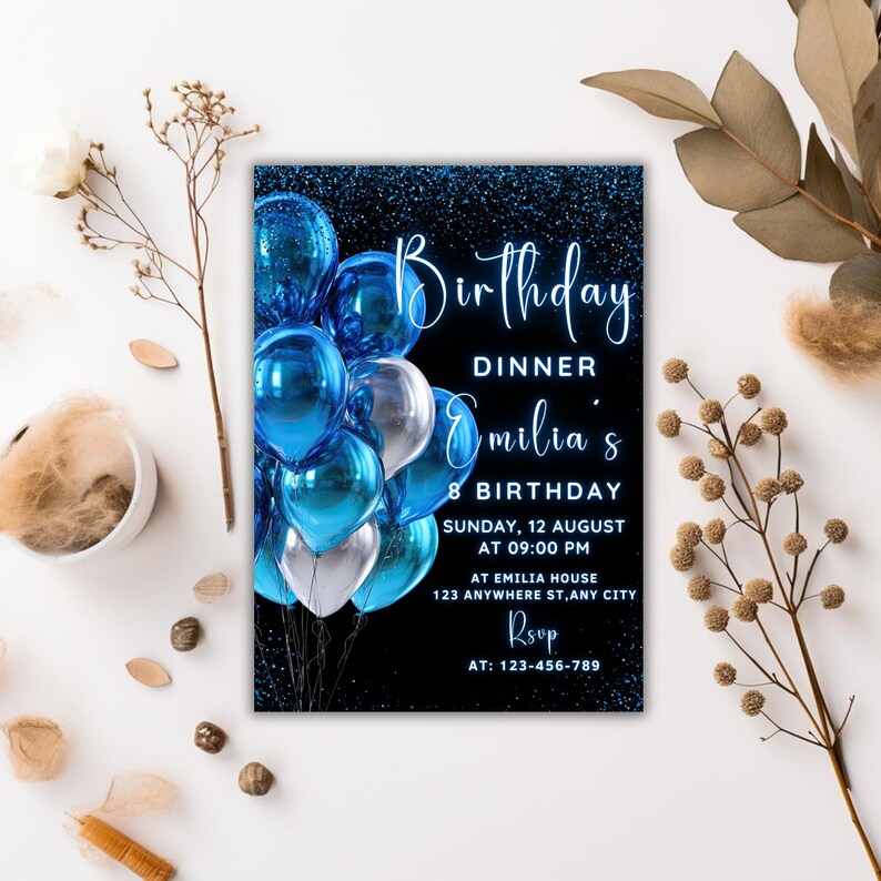 Blue Balloons Birthday Dinner Invitation, Editable Party Invite ...