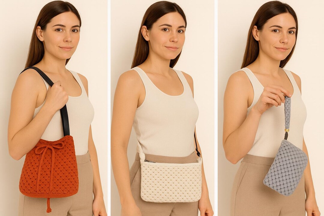 Crochet Bags Maker Trio Pattern, DIY Bucket Bag, Crossbody Pouch ...