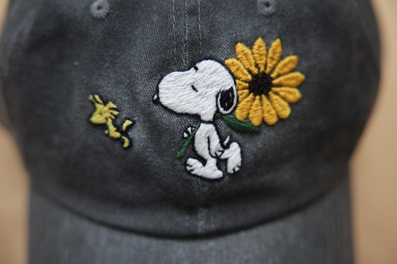 Hand Embroidered Snoopy Hat – Sunflower Smoky Gray Black Cotton ...
