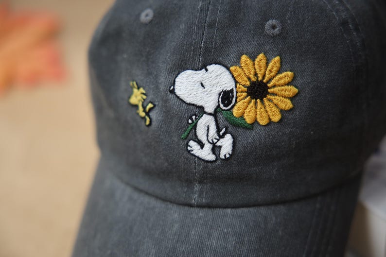 Hand Embroidered Snoopy Hat – Sunflower Smoky Gray Black Cotton ...