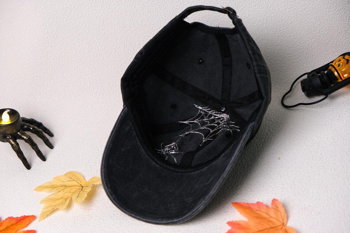 Spider Embroidered Halloween Hat: Rhinestone Spiderweb, Black Cotton ...
