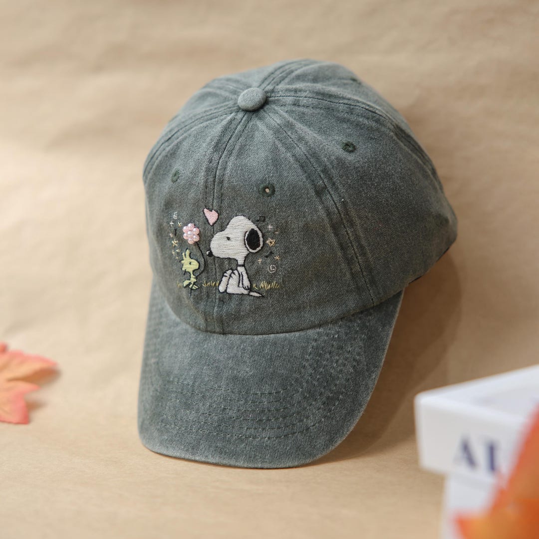 Hand Embroidered Snoopy Baseball Cap, Moss Green Cotton, Vintage Style ...