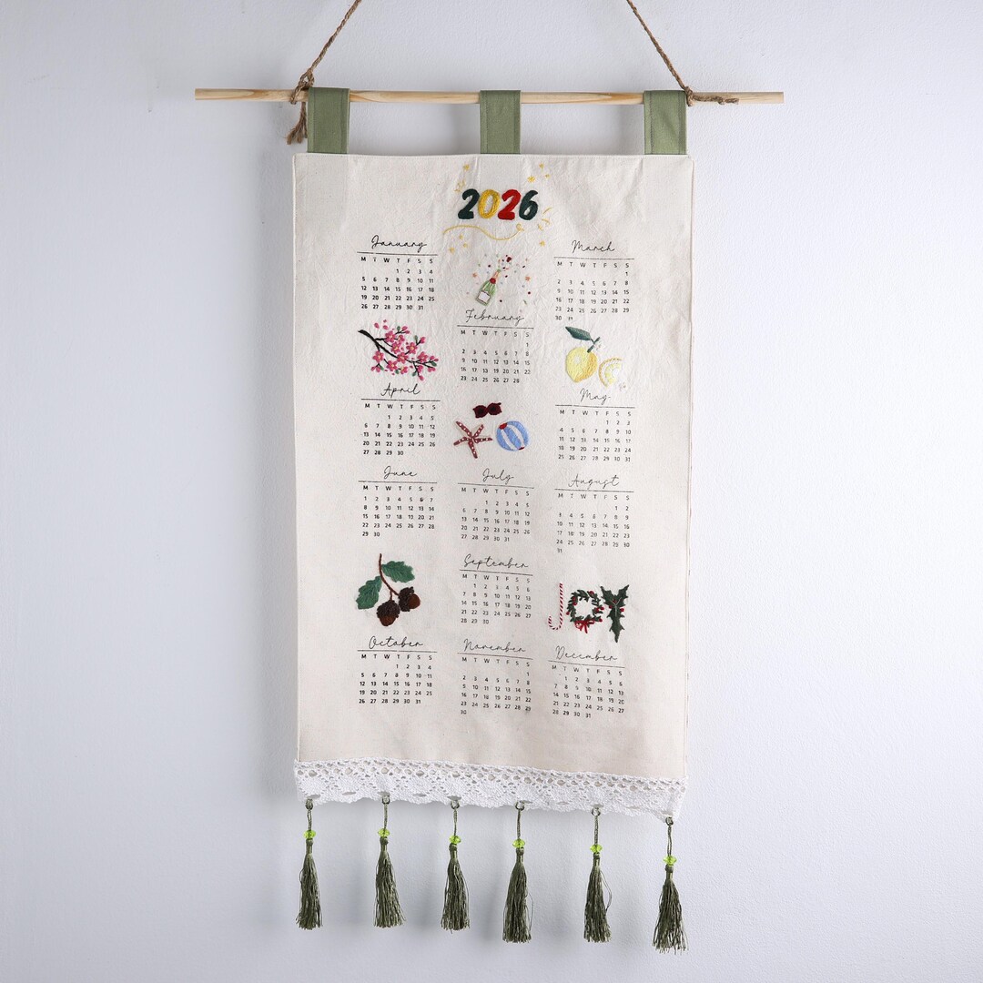 2026 Hand Embroidered Linen Wall Calendar, Seasonal Motifs, Textile ...