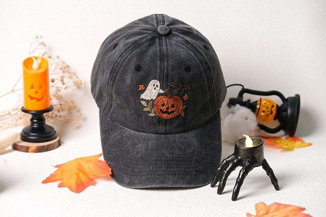 Handmade Halloween Embroidered Baseball Cap: Pumpkin Ghost Design - Etsy