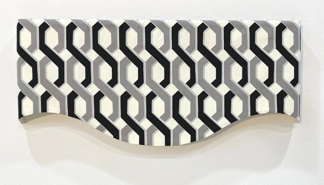 Custom Window Valance Faux Cornice Black Grey Ivory Lattice Geometric ...