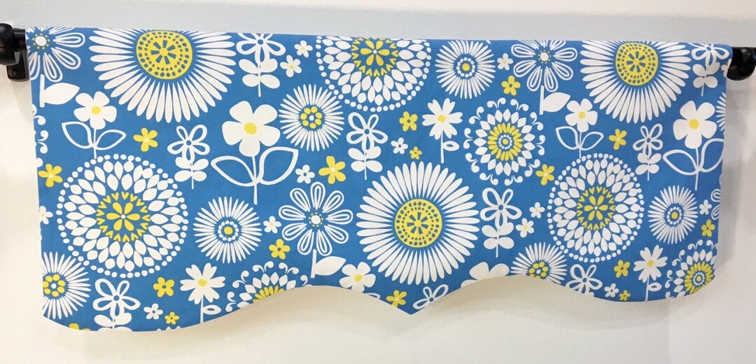 Window Valance Blue Yellow White Sunflowers Daisies / Lined / Faux ...